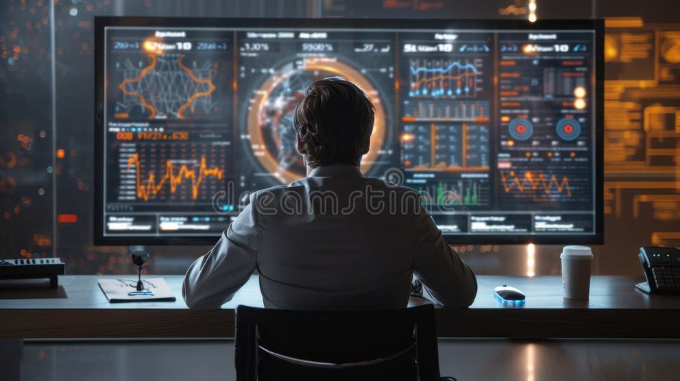 Data Analyst Reviews Visualized Business Insights on a Large Display in ...