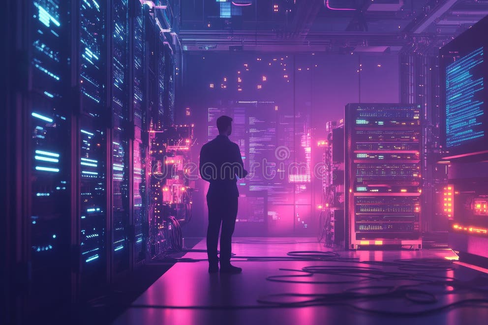 A Data Analyst Stands Confidently in a High-tech Server Room at Night ...