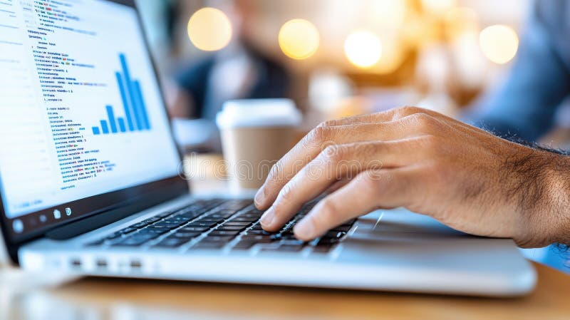 Data Analyst Typing on a Laptop at a Coworking Space with Coffee, Tech Accessories, and an Urban ...