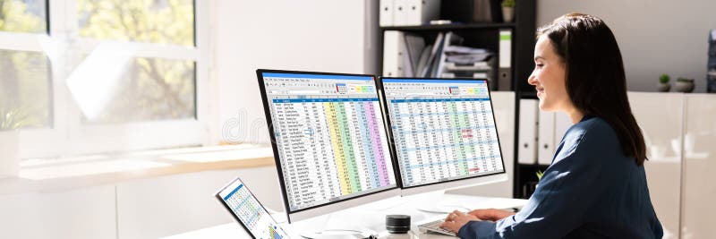 Data Analyst Woman Using Spreadsheet Stock Image - Image of laptop ...