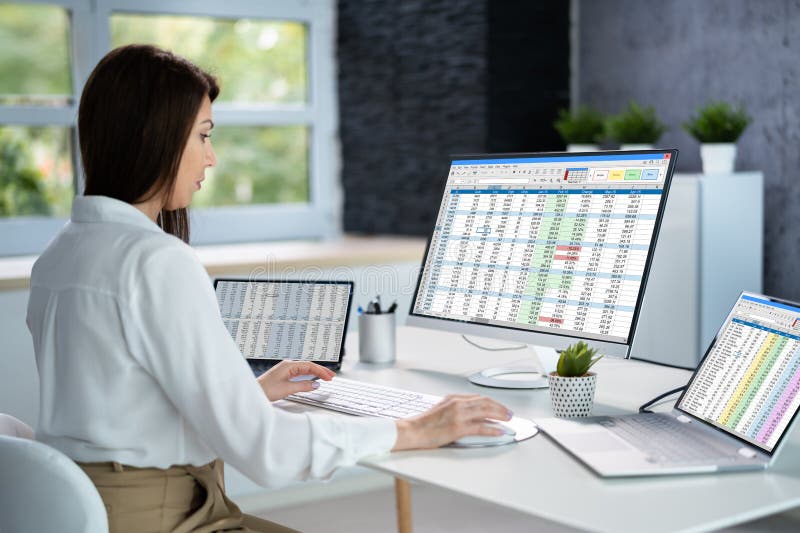 Data Analyst Woman Using Spreadsheet Stock Image - Image of analyst ...
