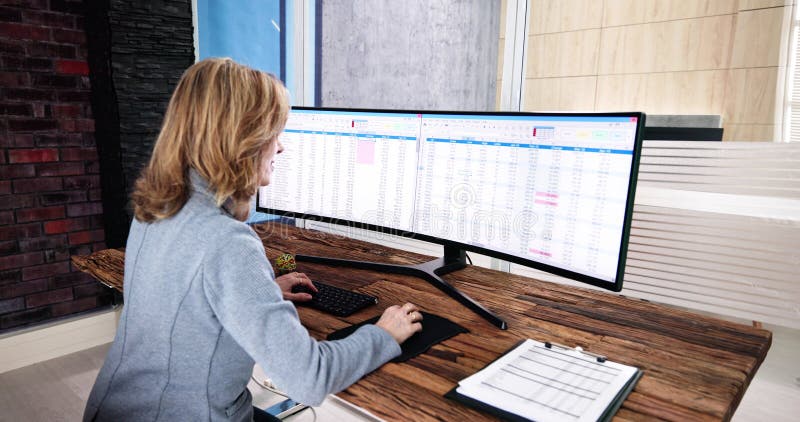 Data Analyst Woman Using Spreadsheet Stock Image - Image of data, audit ...