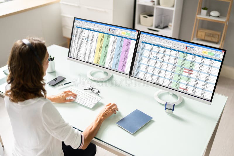 Data Analyst Woman Using Spreadsheet Stock Image - Image of mature ...