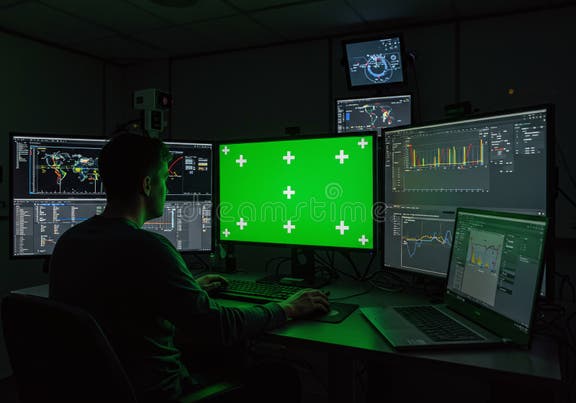 Data Analyst at Work in a Dark Control Room Stock Illustration - Illustration of graphs, tech ...