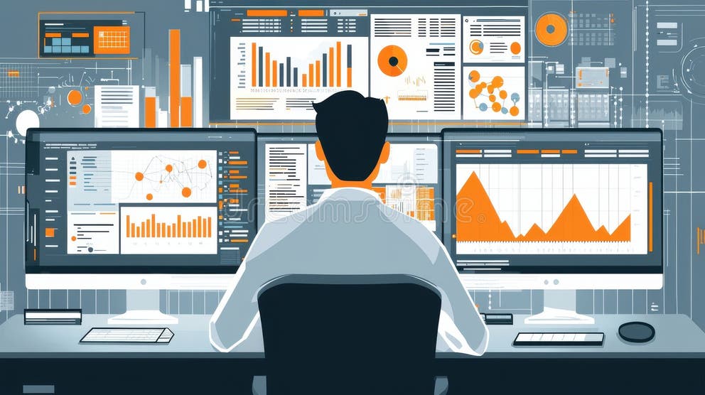 Data Analyst at Work, Multiple Monitors Stock Illustration - Illustration of business ...