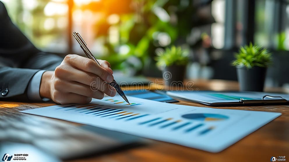 Data Analyst Working in Bright Office Environment, Analyzing Charts and ...