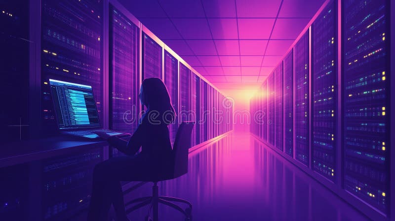 A Data Analyst Working at Dusk in a Modern Server Room Illuminated by ...