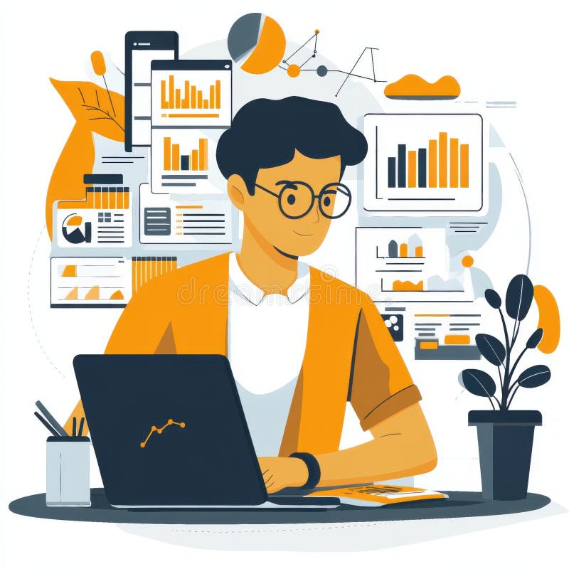 Analyst Working with Computer in Business. Management System To Make ...