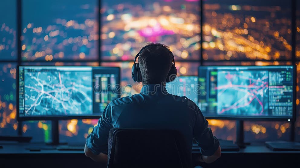 Data Analyst Working Late at Night with Multiple Monitors and City ...