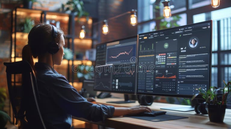 Data Analyst Working in a Modern Office Space during Evening Hours ...