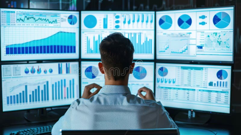 A Data Analyst Working with Multiple Monitors Showing Various Stock ...