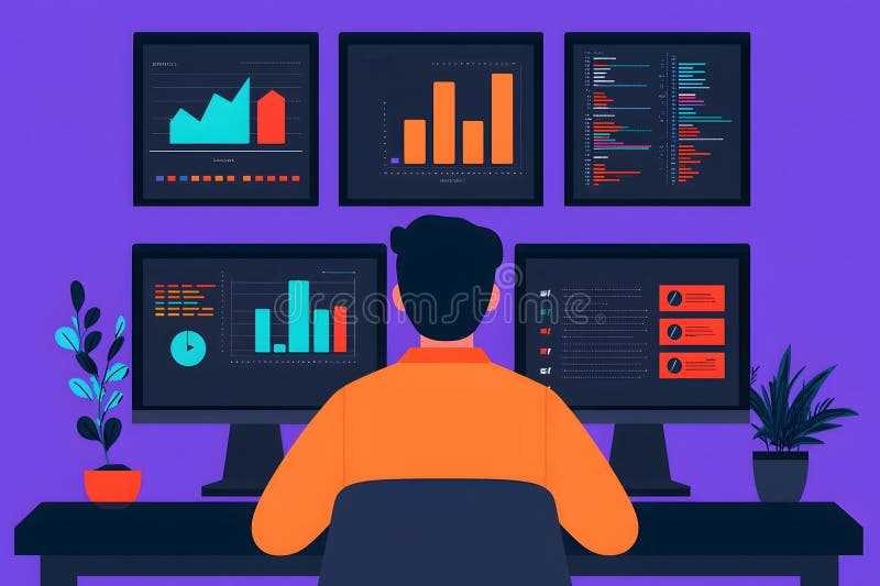 Data Analyst Working on Multiple Screens Charts Graphs and Code Stock Illustration ...