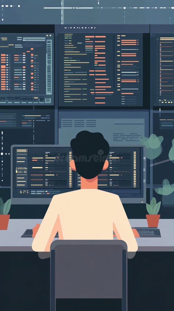 Data Analyst Working at Multiple Screens Displaying Complex Data Visualizations and Code ...