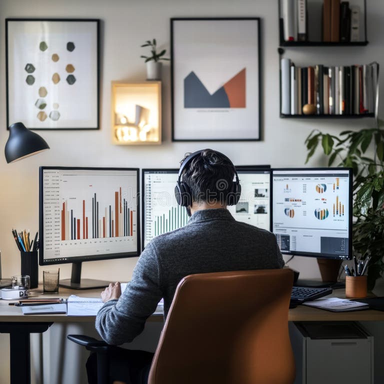 Data Analyst Working Remotely with Multiple Monitors at Home Stock Image - Image of digital ...
