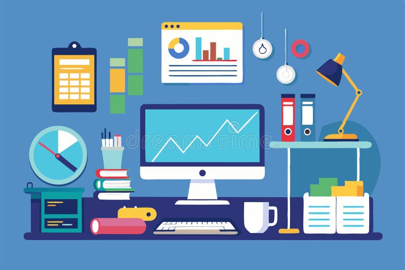 Data Analyst Workplace Image. Cartoon Vector Illustration Stock Vector ...