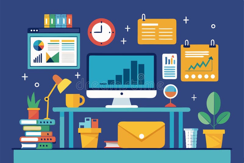 Data Analyst Workplace Image. Cartoon Vector Illustration Stock Vector ...