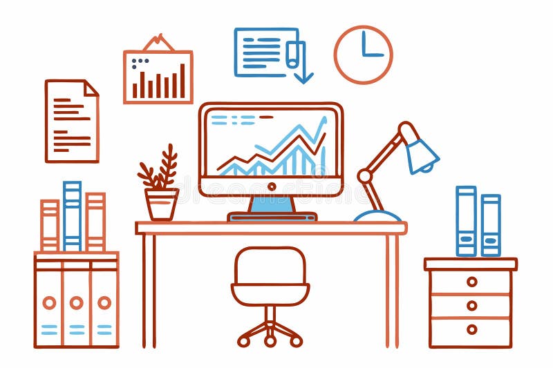 Data Analyst Workplace Image. Outline Flat Vector Illustration Stock ...