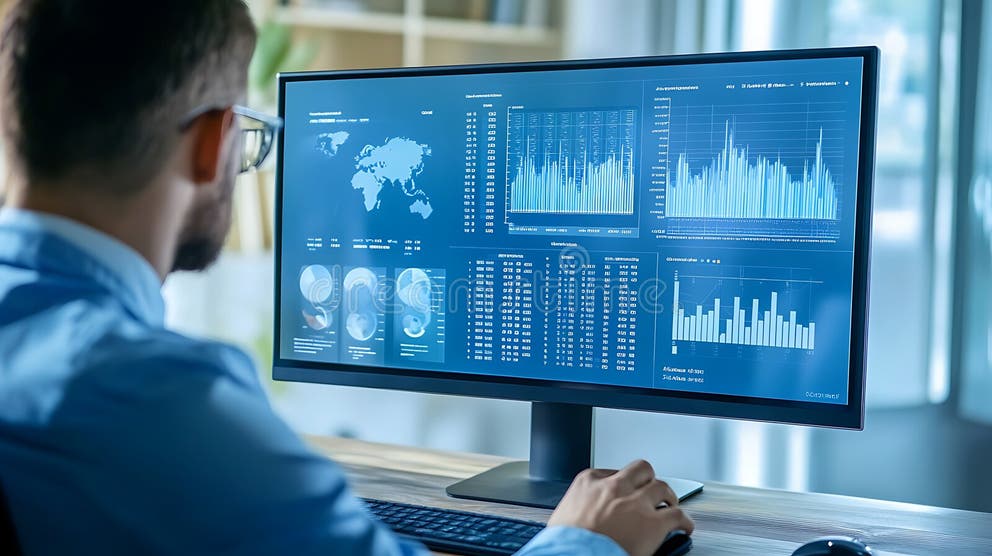 Data Analyst Working on Computer Analyzing Charts Graphs and World Map ...