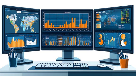 Data Analyst Workspace with Multiple Monitors Displaying Colorful Dashboards and Analytics ...