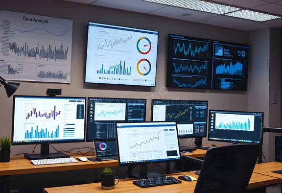 Data Analyst Workstation, a Space with Computers, on-screen Graphs and Analytical Tools ...