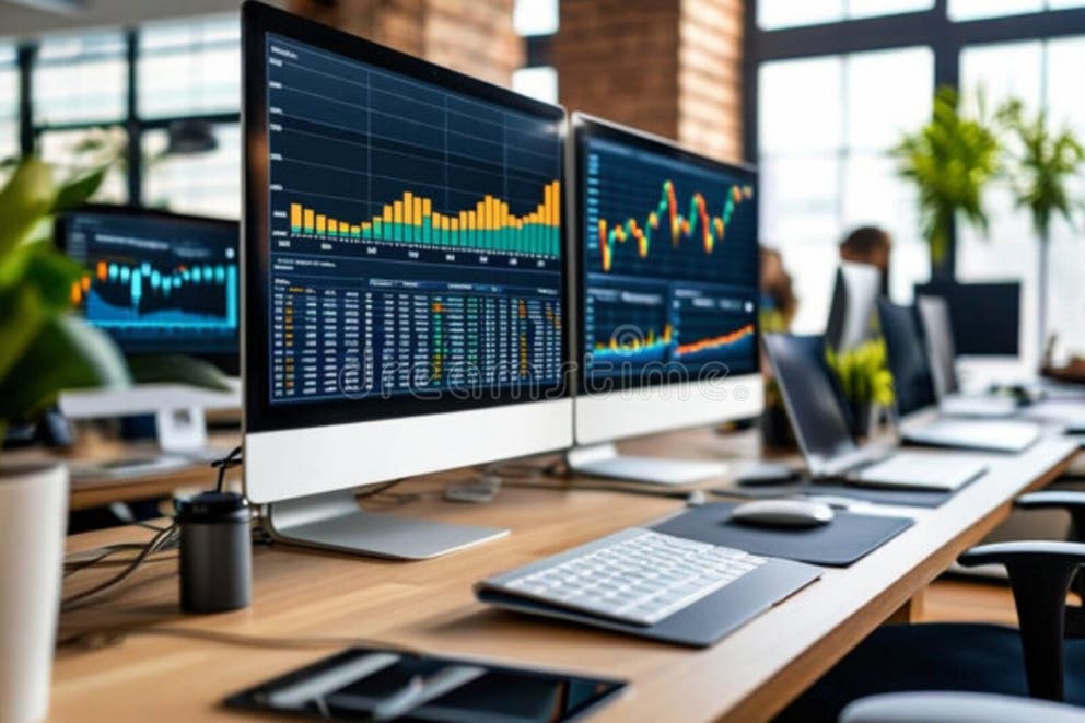 Data Analyst Workstation, a Space with Computers, on-screen Graphs and ...