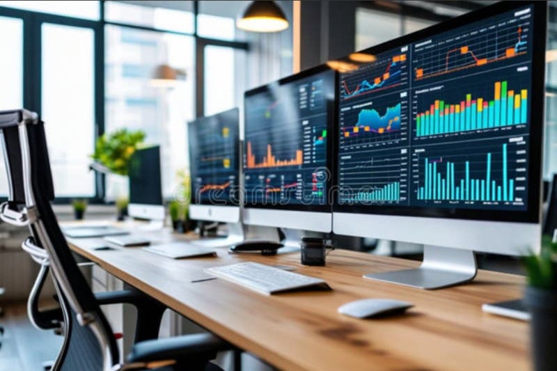 Data Analyst Workstation, a Space with Computers, on-screen Graphs and ...