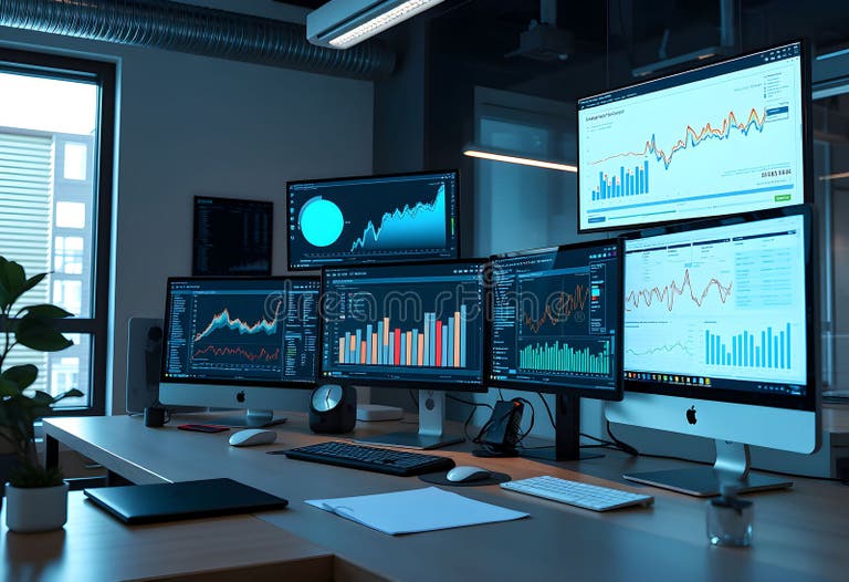 Data Analyst Workstation, a Space with Computers, on-screen Graphs and ...