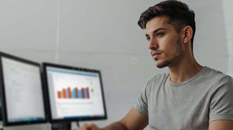 Data Analyst. a Young Man Working on Computer while Sitting at Desk in ...
