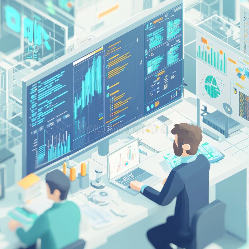 Data Analysts Working in High-Tech Control Room with Large Screens ...