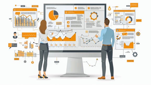 Data Analysts Working on Interactive Infographic Display Stock ...