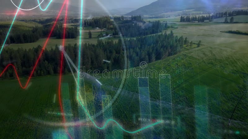 Data Analytics Being Visualized Over Rural Valley Drone View, with ...