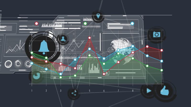 Data Analytics Dashboard with Graphs and Icons Over Digital Network Animation Stock Footage ...