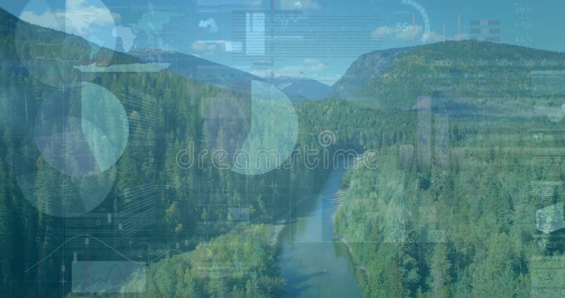 Data Analytics and Graphs Animation Over Lush Green Forest and Winding ...
