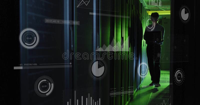 Data Analytics and Graphs Animation Over Person Walking in Server Room Stock Footage - Video of ...