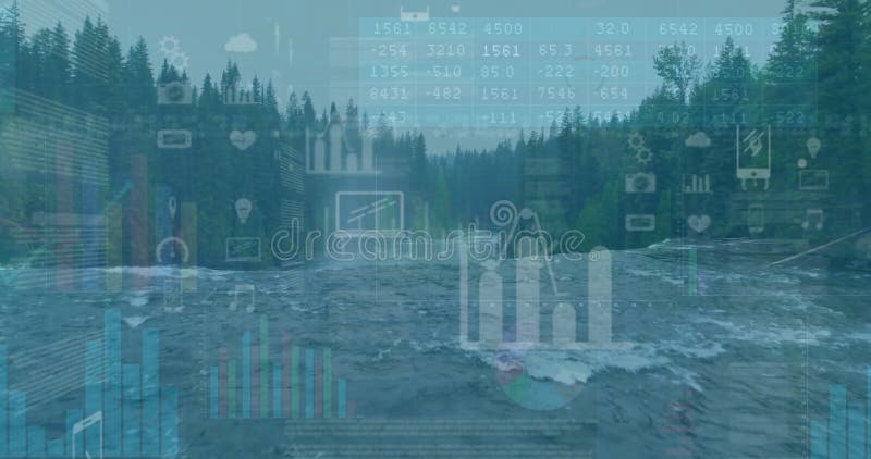 Data Analytics and Graphs Animation Over River Flowing through Forest ...