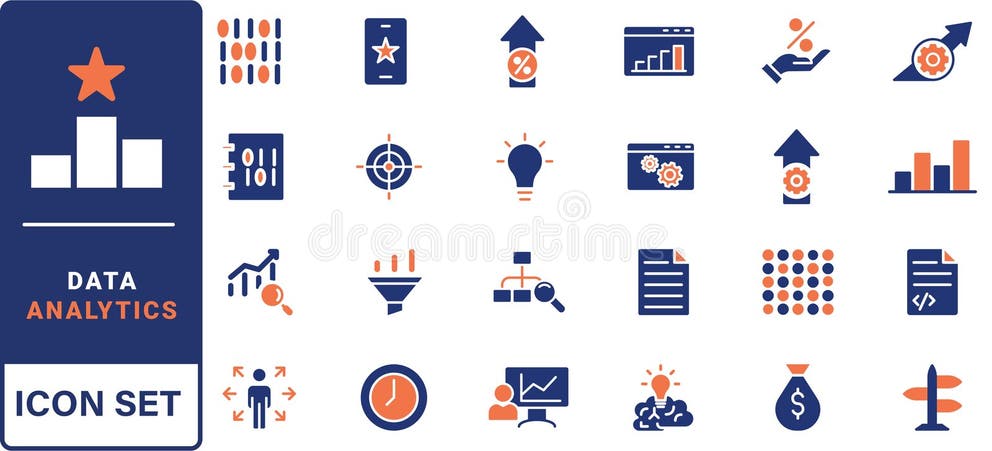 Data Analytics Icon Set. Containing Data Analysis, Data Mining, Global Data, Monitoring, Data ...