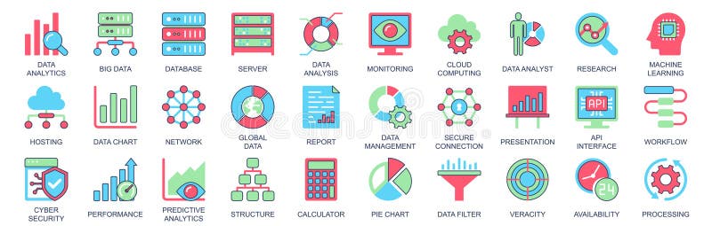 Data Analytics Icon Set In Flat Color Icons Web Design Pack Pictograms With Database Server