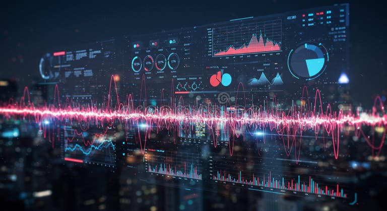 Data Analytics Interface Over a Nighttime Cityscape. Display Features Various Graphs, Stock ...