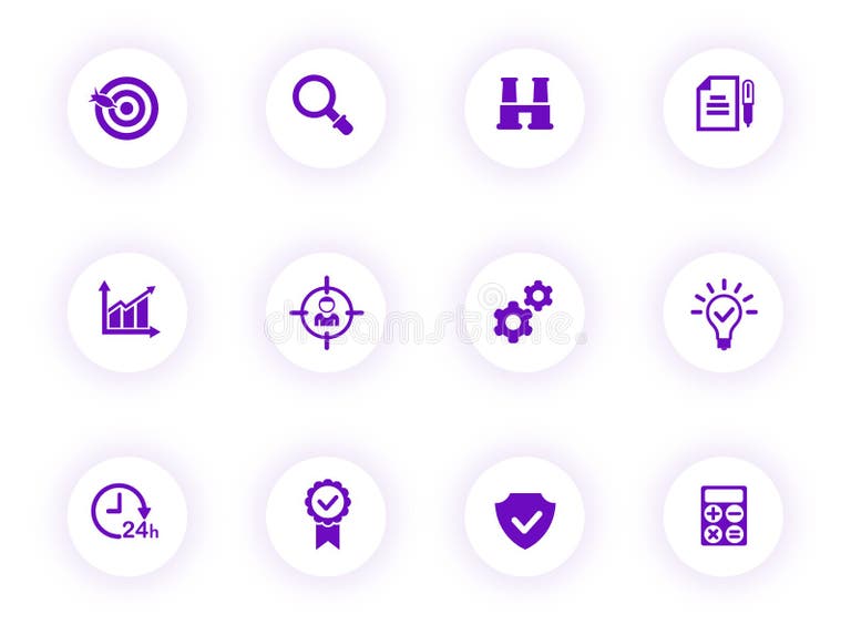 Data Analytics Purple Color Vector Icons on Light Round Buttons Stock ...