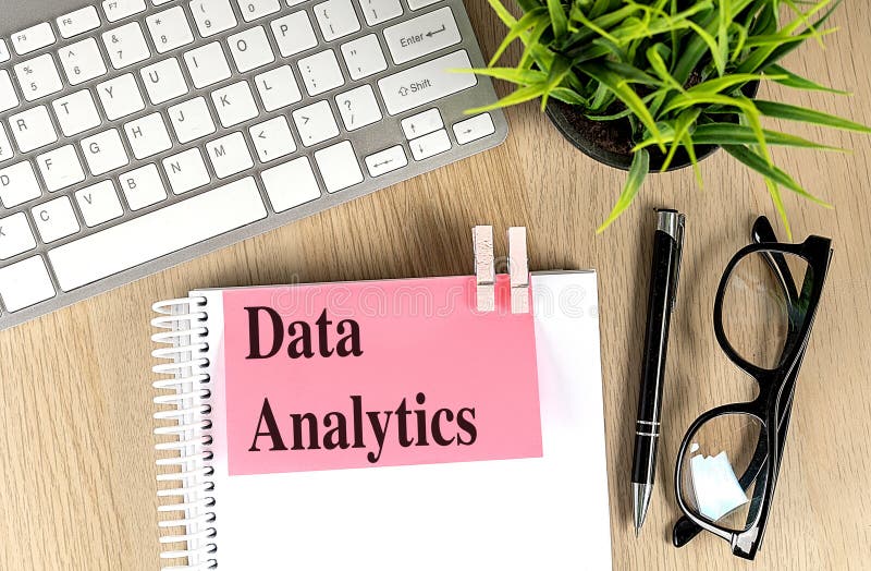 DATA ANALYTICS Text Pink Sticky on Notebook with Keyboard, Pen and ...