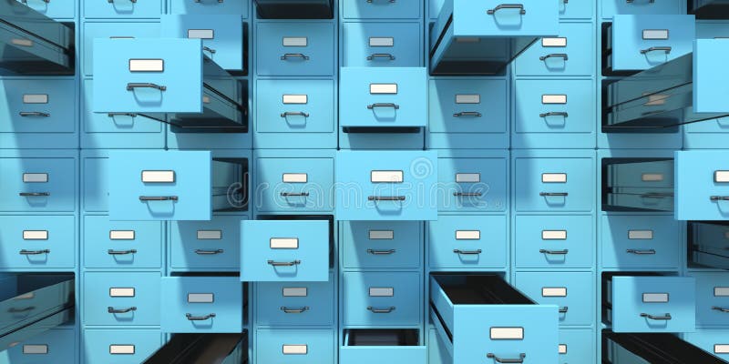 Archive File Cabinets Blue Color Background. Open Drawers. 3d ...