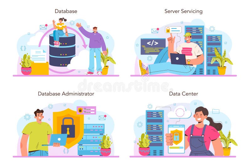 Data Base Administrator Concept Set. Manager Working at Data Center ...