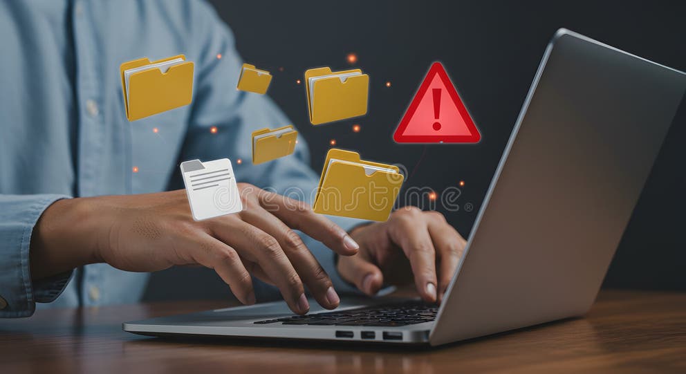 Data Breach Alert on Laptop Computer with Flying Folders and Documents ...