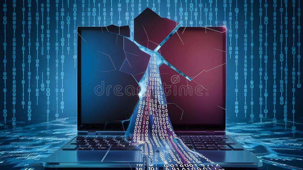 Data Breach Visualization: Cracked Screen Spilling Binary Code. Concept ...
