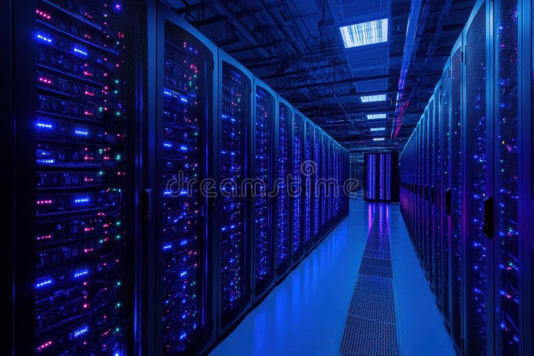 Data Center Aisle with Blue-lit Server Racks and Cabling Stock Photo ...