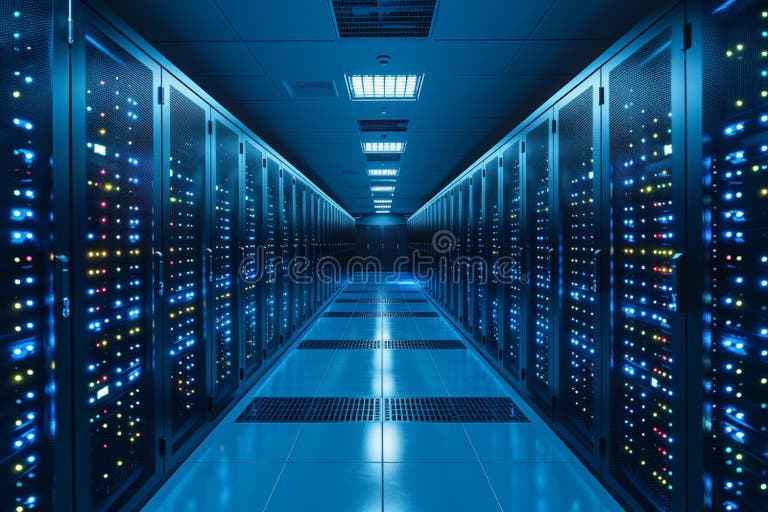 Data Center Aisle Featuring Server Cabinets with Blinking Leds and Dynamic Digital Overlays ...