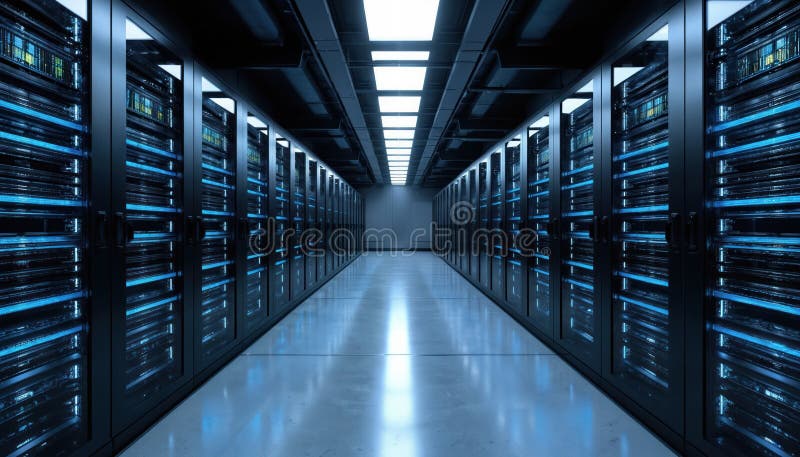 Data Center Aisle with Rows of Server Racks Illuminated by Blue Lights. Modern Technology ...