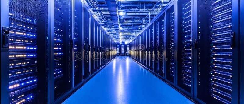 Data Center Aisle: Rows of Servers and Blue Light Stock Illustration ...