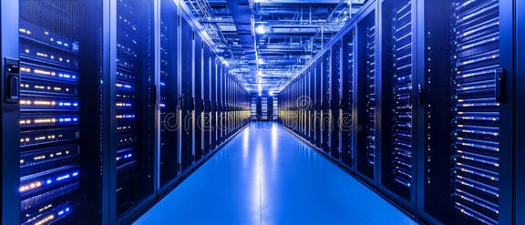Data Center Aisle: Rows of Servers and Blue Light Stock Illustration ...