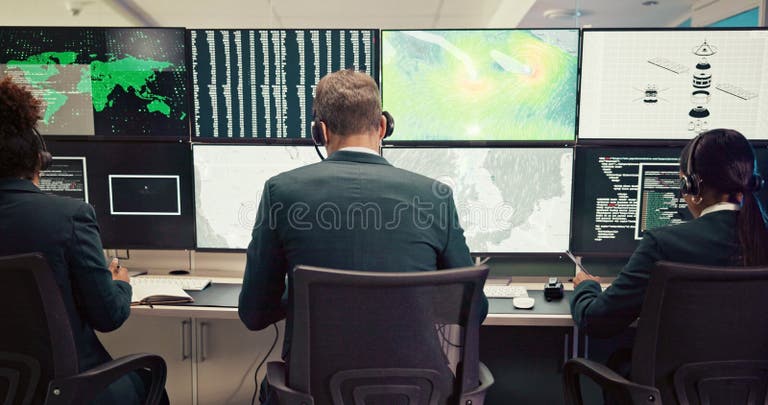 Data Center, Back or People with Screen for Maps, Research or Ecology ...